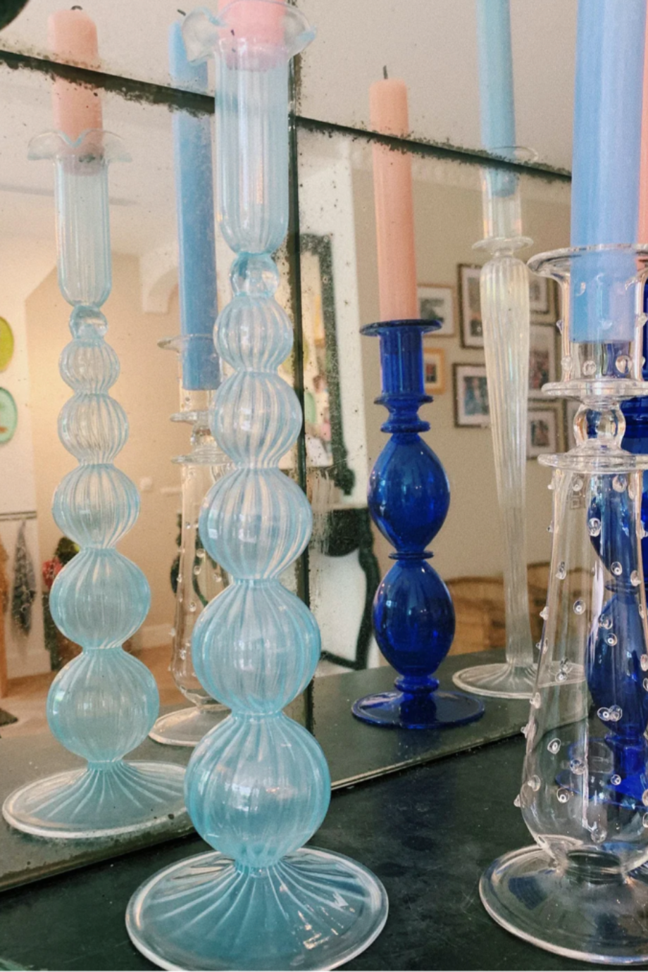 blue candlestick holder